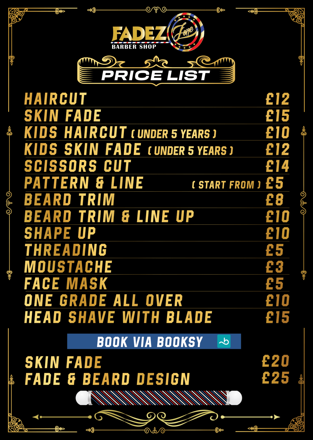 Price list - Fadez Zone-Barbers in Reading