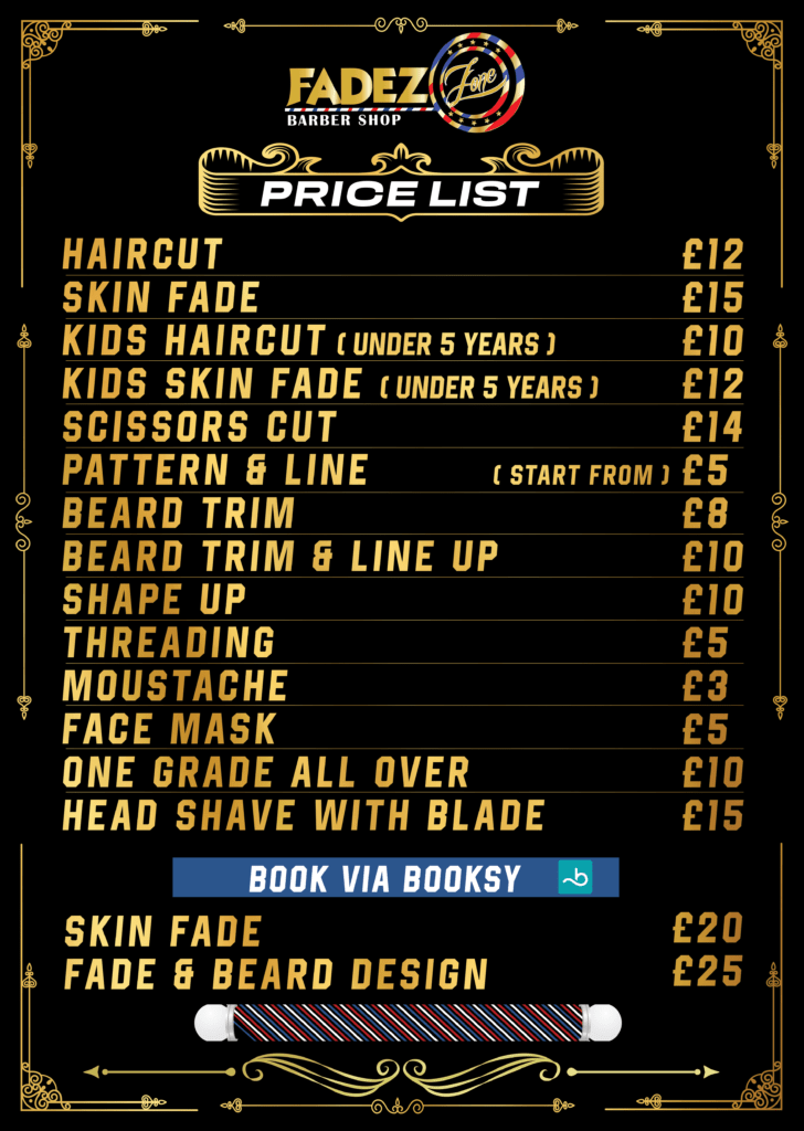 Price list - Fadez Zone-Barbers in Reading